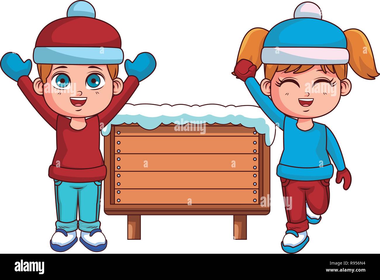 Boy and girl with winter clothes and wooden sign Stock Vector Image ...