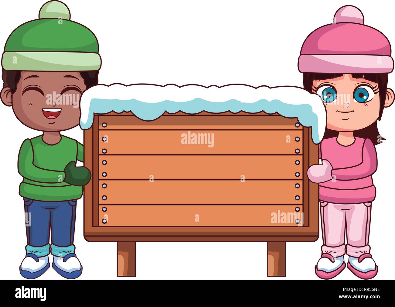 Boy and girl with winter clothes and wooden sign Stock Vector Image ...