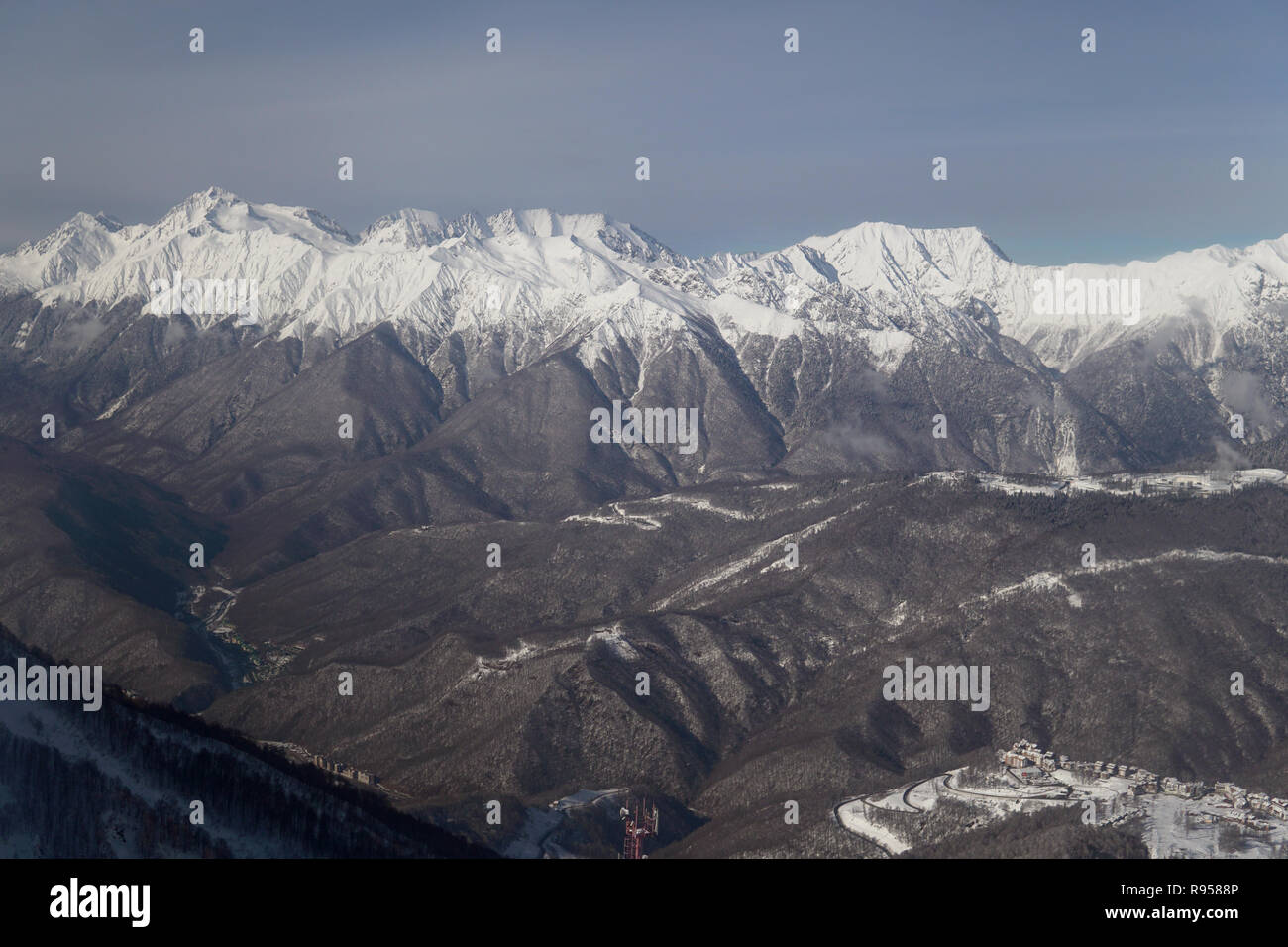 Snow snowboard skiers ski resort mountain landscape Stock Photo - Alamy