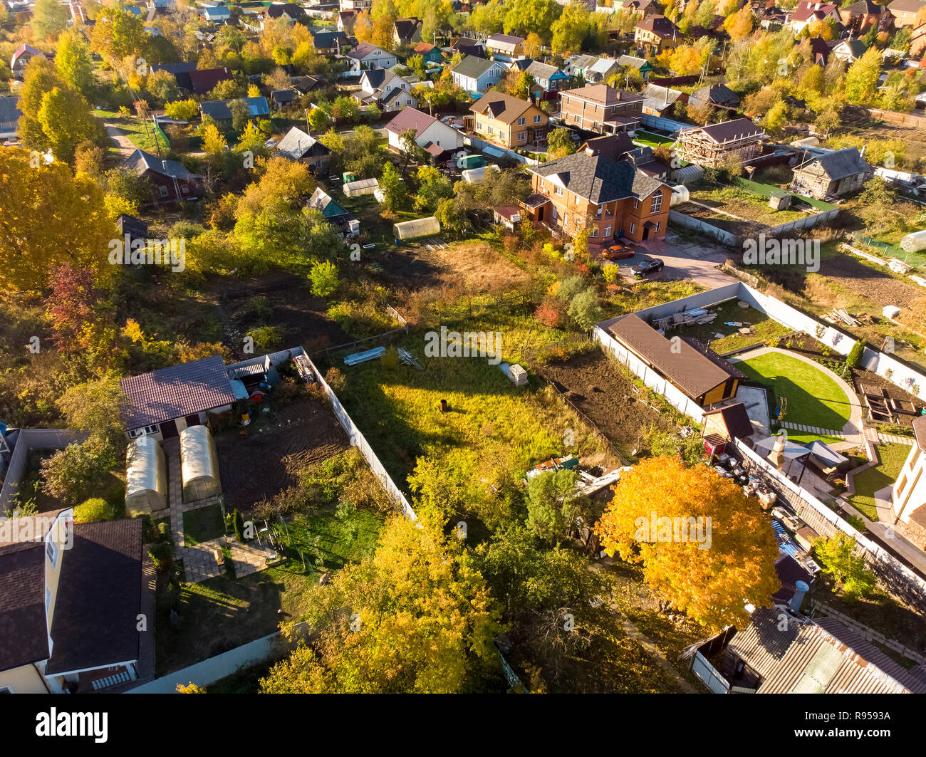 Aerial view of the Russian village in the suburbs in the fall Stock ...