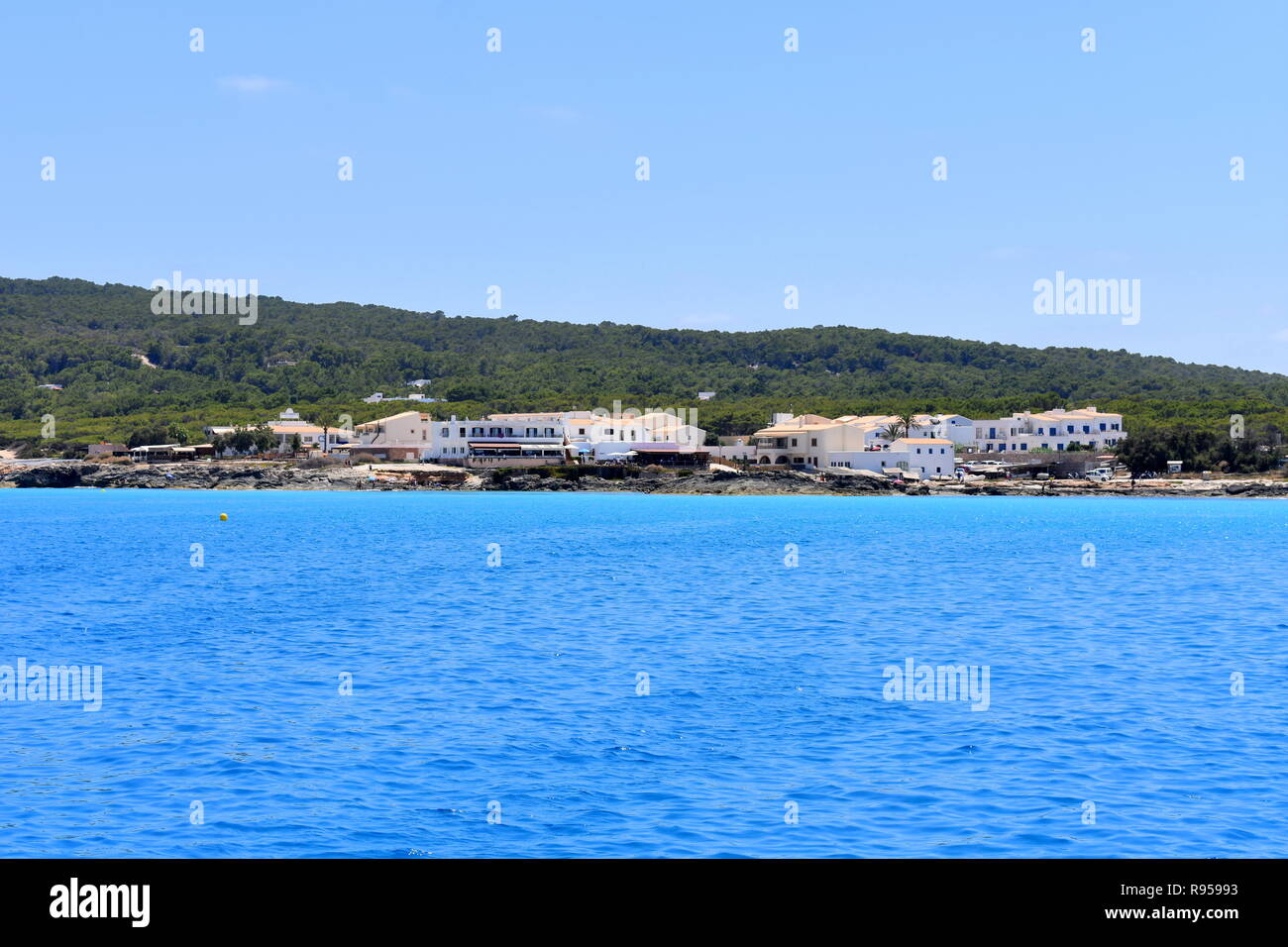 View of Es Calo fishing village from the sea, Formentera, Balearic ...