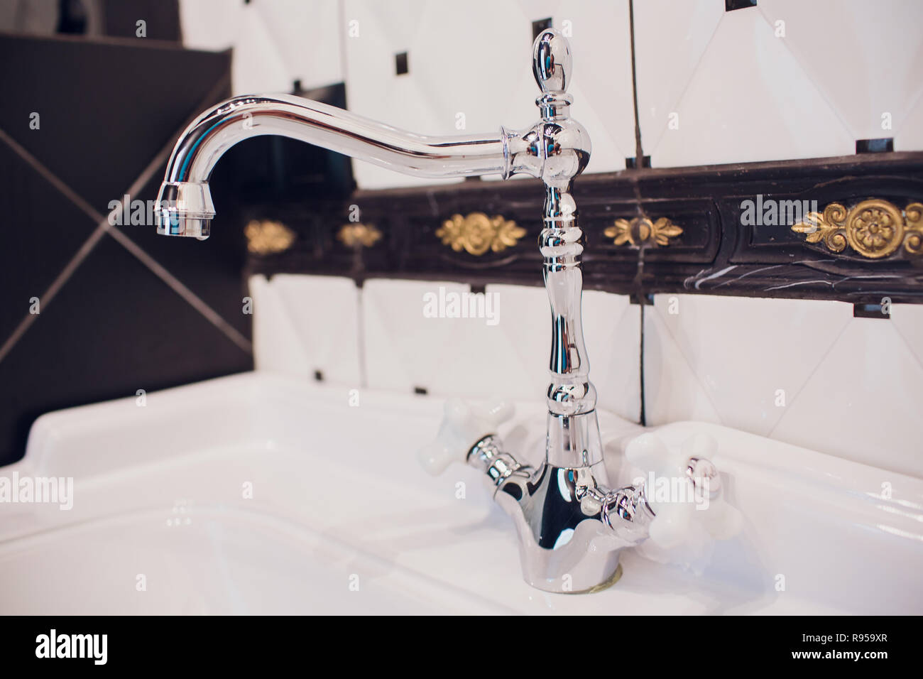 Copper faucet mixer with porcelain handles, stylized antique, shower in ...