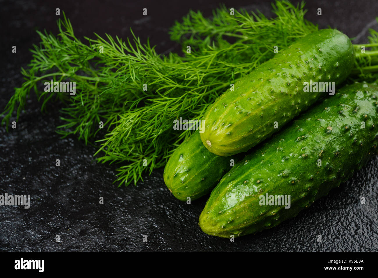 Fresh green cucumber on black background Stock Photo - Alamy