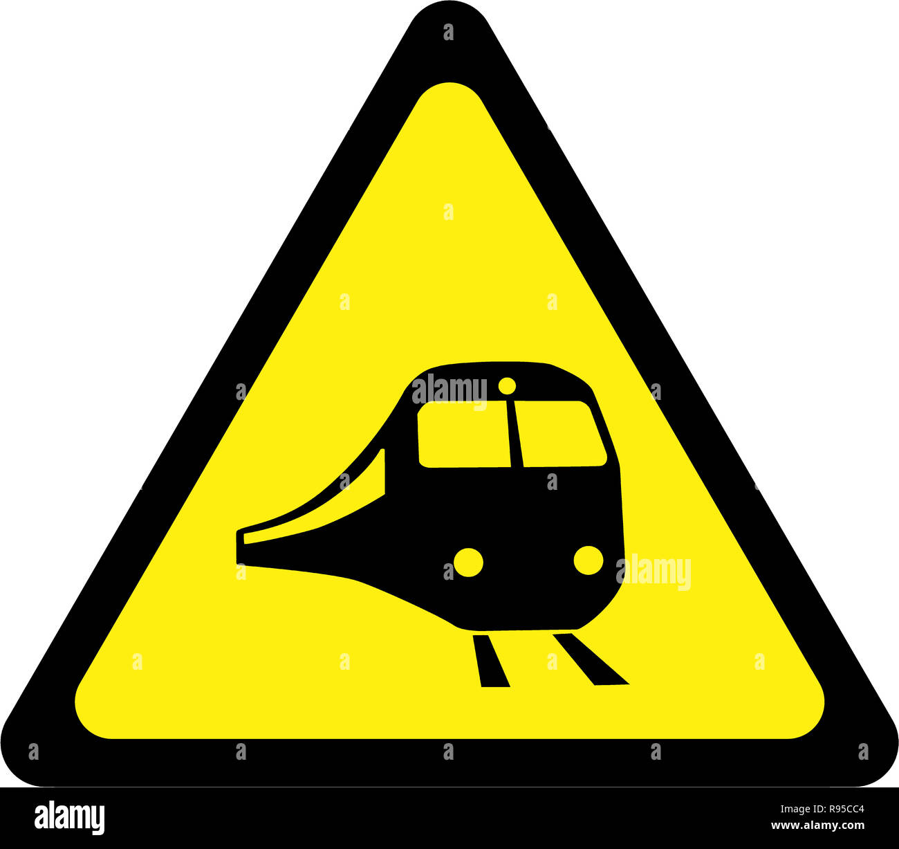 Warning sign with train symbol Stock Photo - Alamy