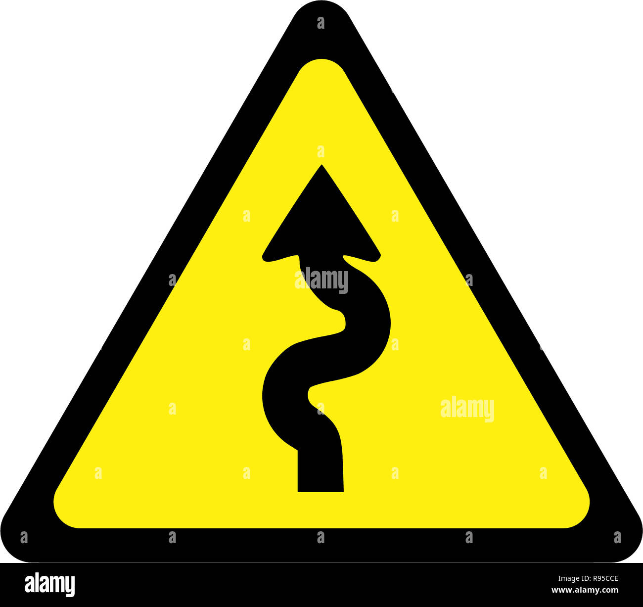 Warning sign with winding road symbol Stock Photo - Alamy