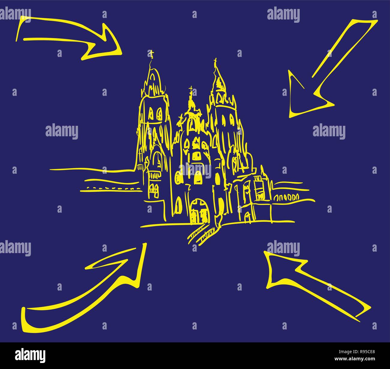 Cathedral Santiago de Compostela with yellow arrows Stock Vector Image ...