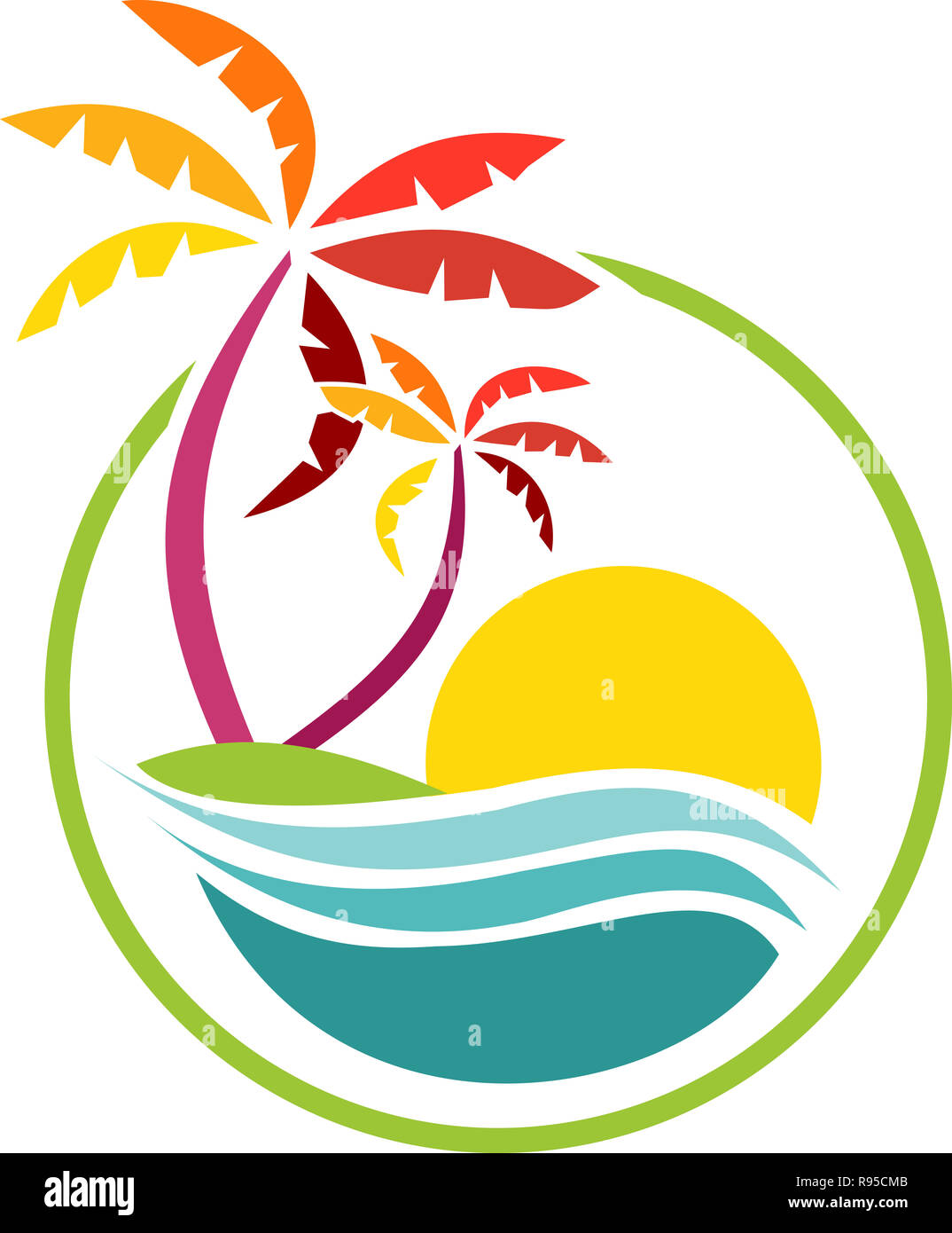 Coloured palm tree icon with sea and sun Stock Photo - Alamy