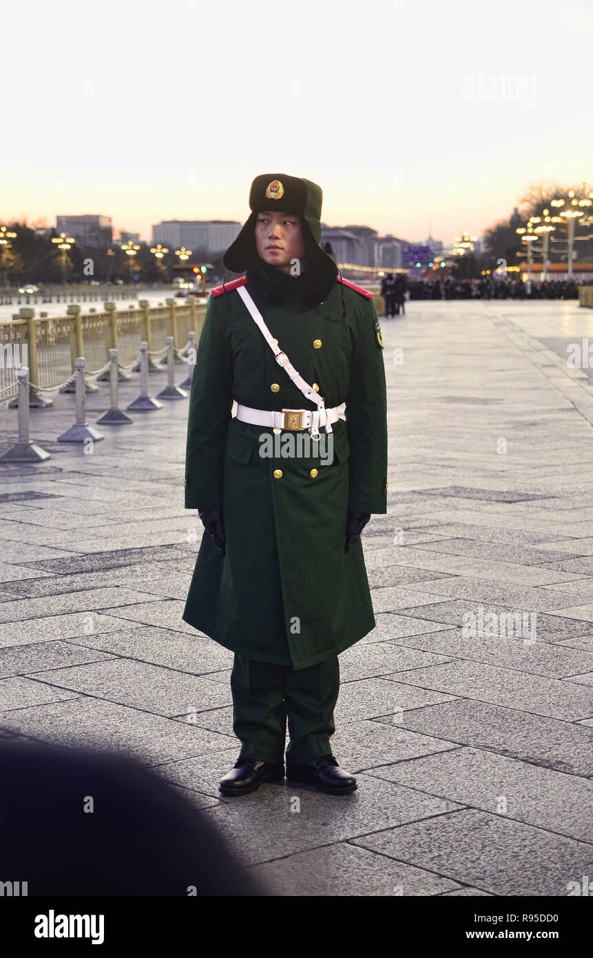 Chinese guard standing for Lowering Flag Ceremony in front of Tiananmen ...