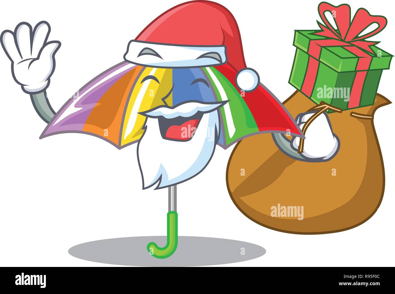 Santa with gift playing rain with umbrella rainbow cartoon Stock Vector ...