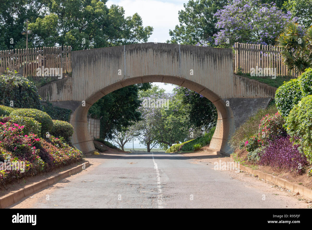A close up front on view of a concrete overghead open bridge going over ...