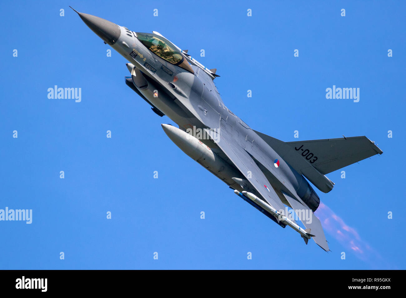 LEEUWARDEN, THE NETHERLANDS - APRIL 19, 2018: Royal Netherlands Air Force F16 fighter jet ...