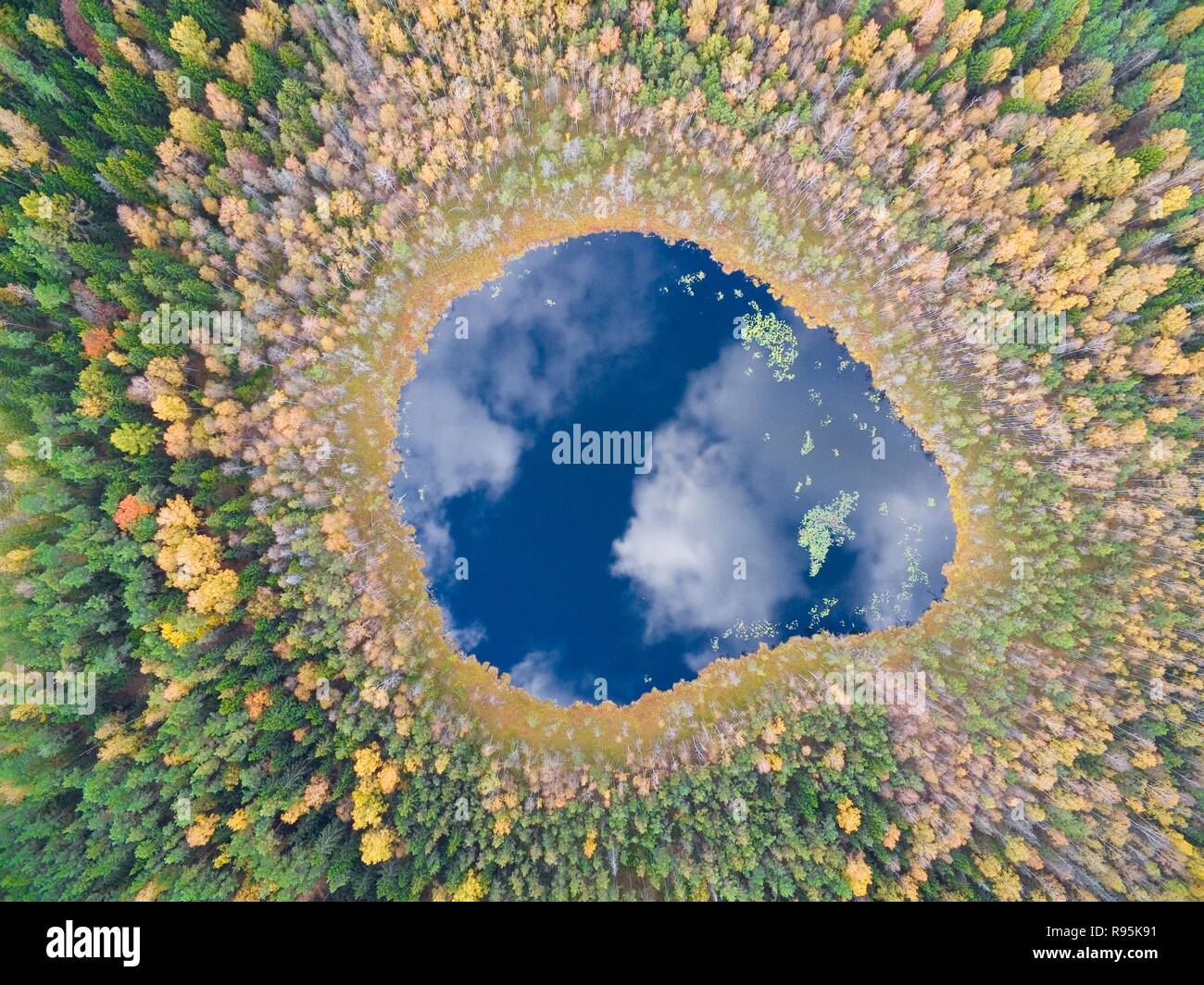 Aerial view of beautiful landscape of Mazury region during autumn ...