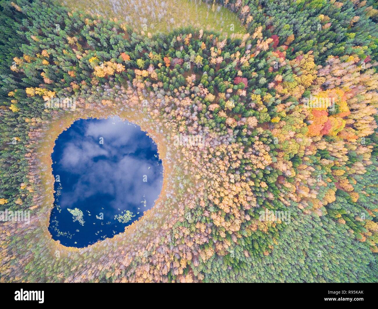 Aerial view of beautiful landscape of Mazury region during autumn ...