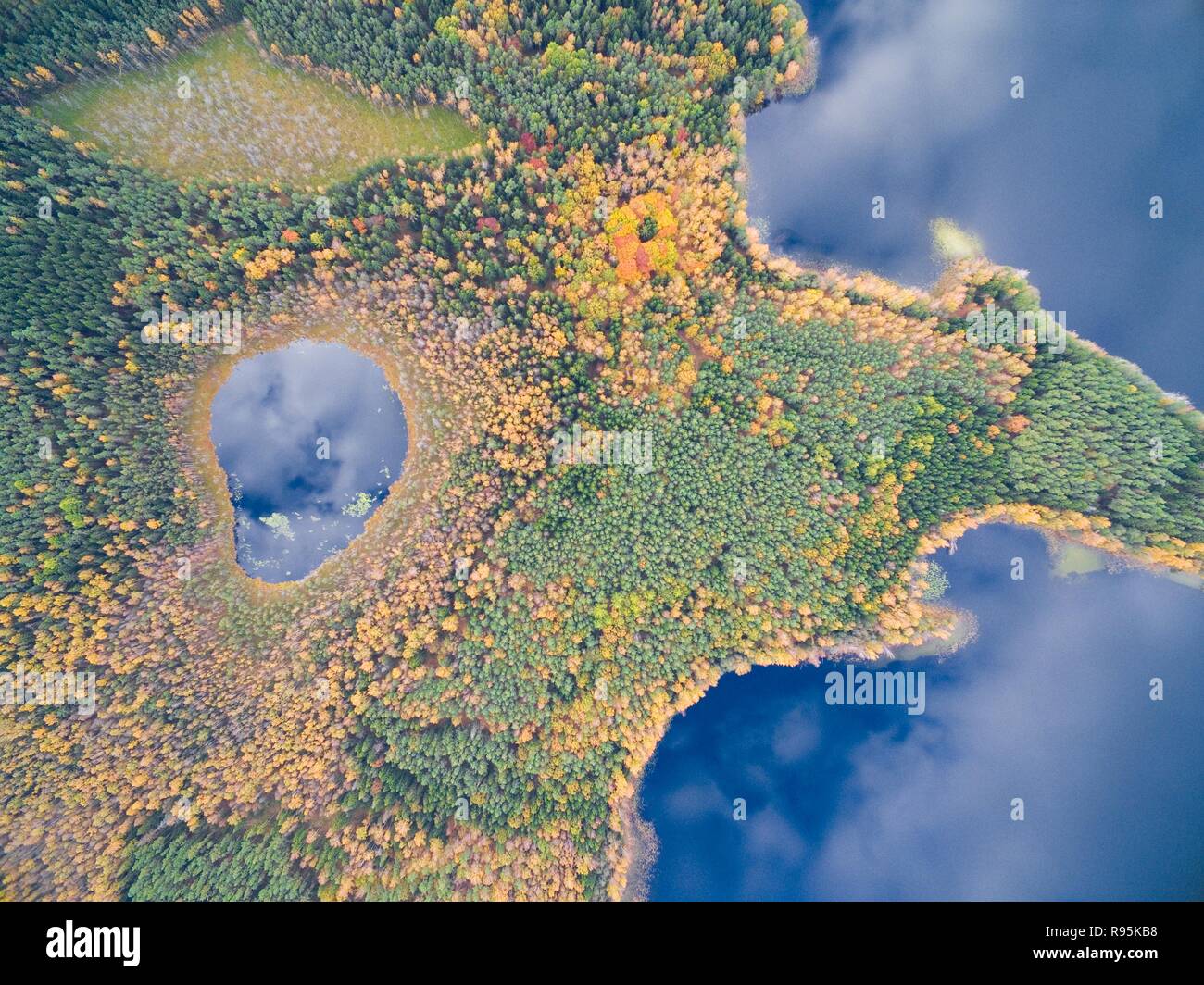 Aerial view of beautiful landscape of Mazury region during autumn ...