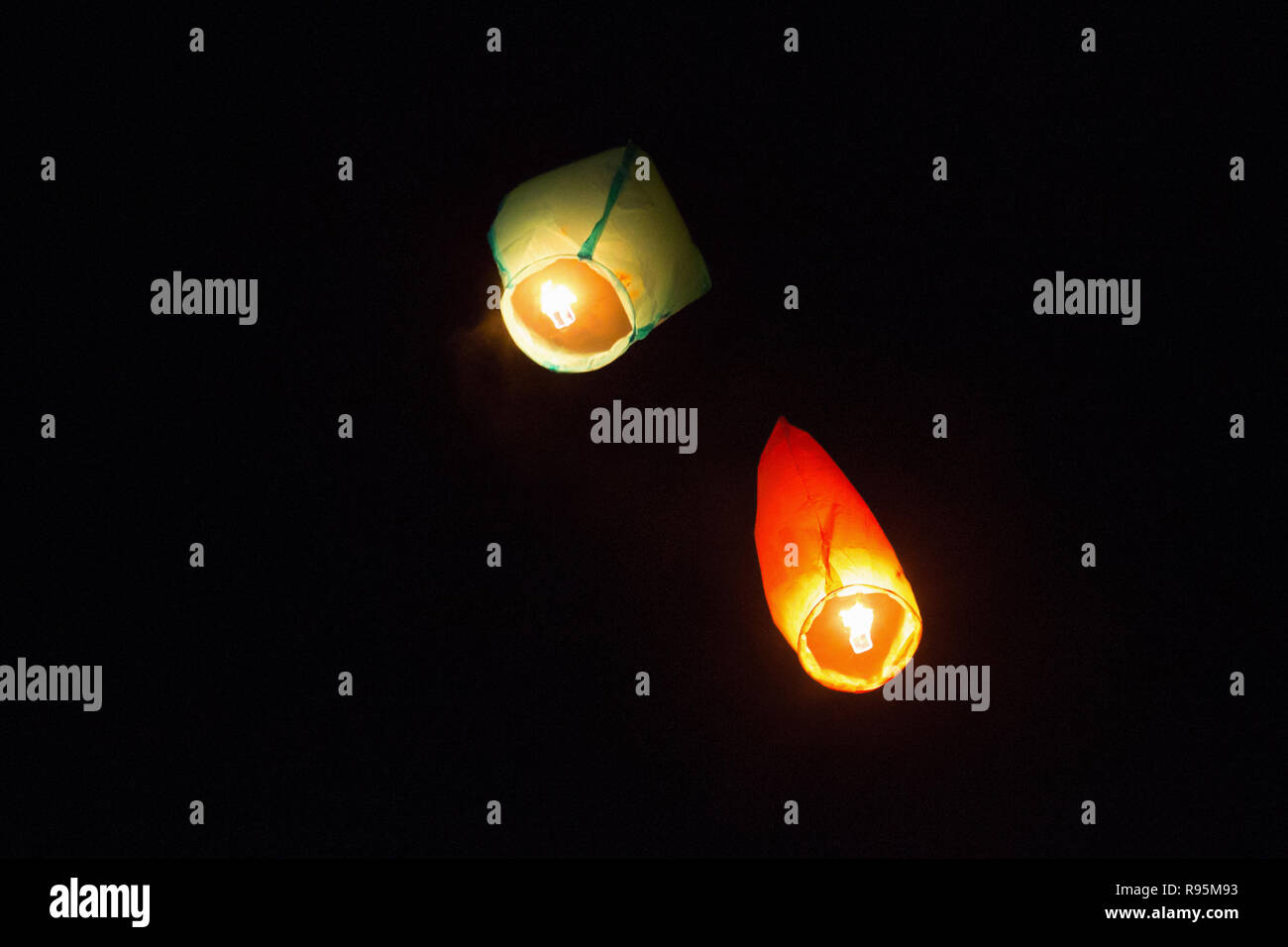 Chinese flashlights in the night sky. Symbol of miracle and liberation ...