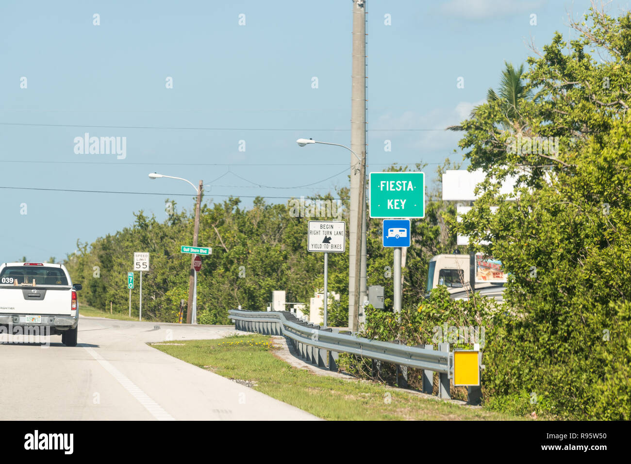 Fiesta Key, USA - May 1, 2018: Sign for Florida keys with overseas ...