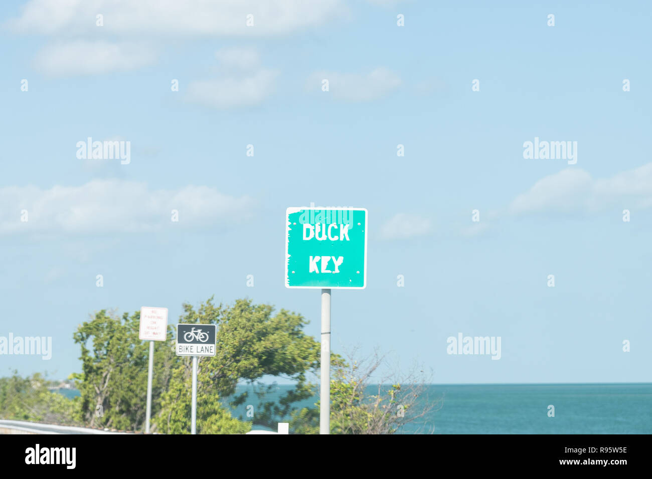 Duck Key, USA Overseas highway, freeway road, street with sign for ...