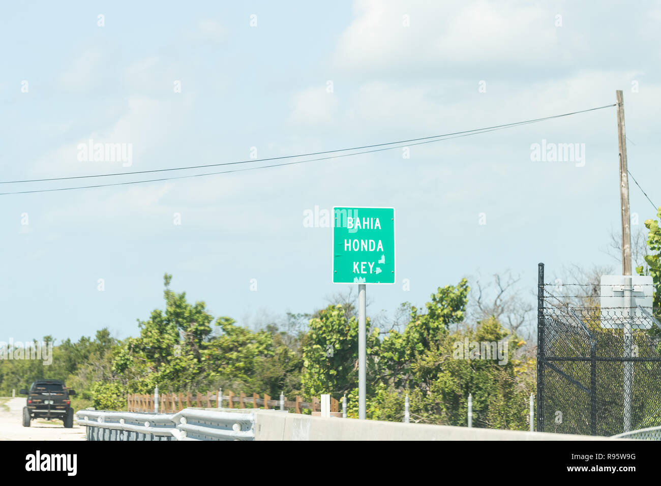 Bahia Honda Key road, street, traffic green sign on overseas highway ...