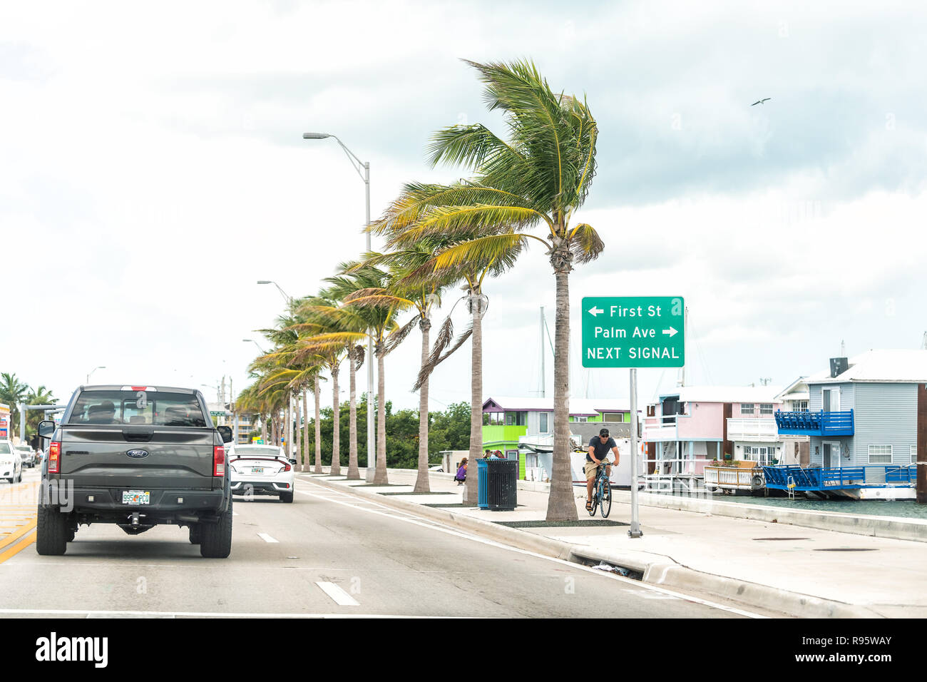 Key West, USA - May 1, 2018: Overseas highway road, US1, cars traffic ...