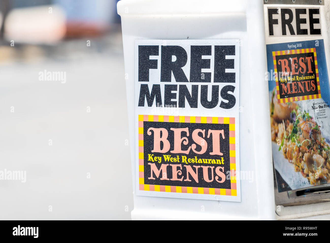 Key West, USA - May 1, 2018: White free newspaper, magazine press stand ...