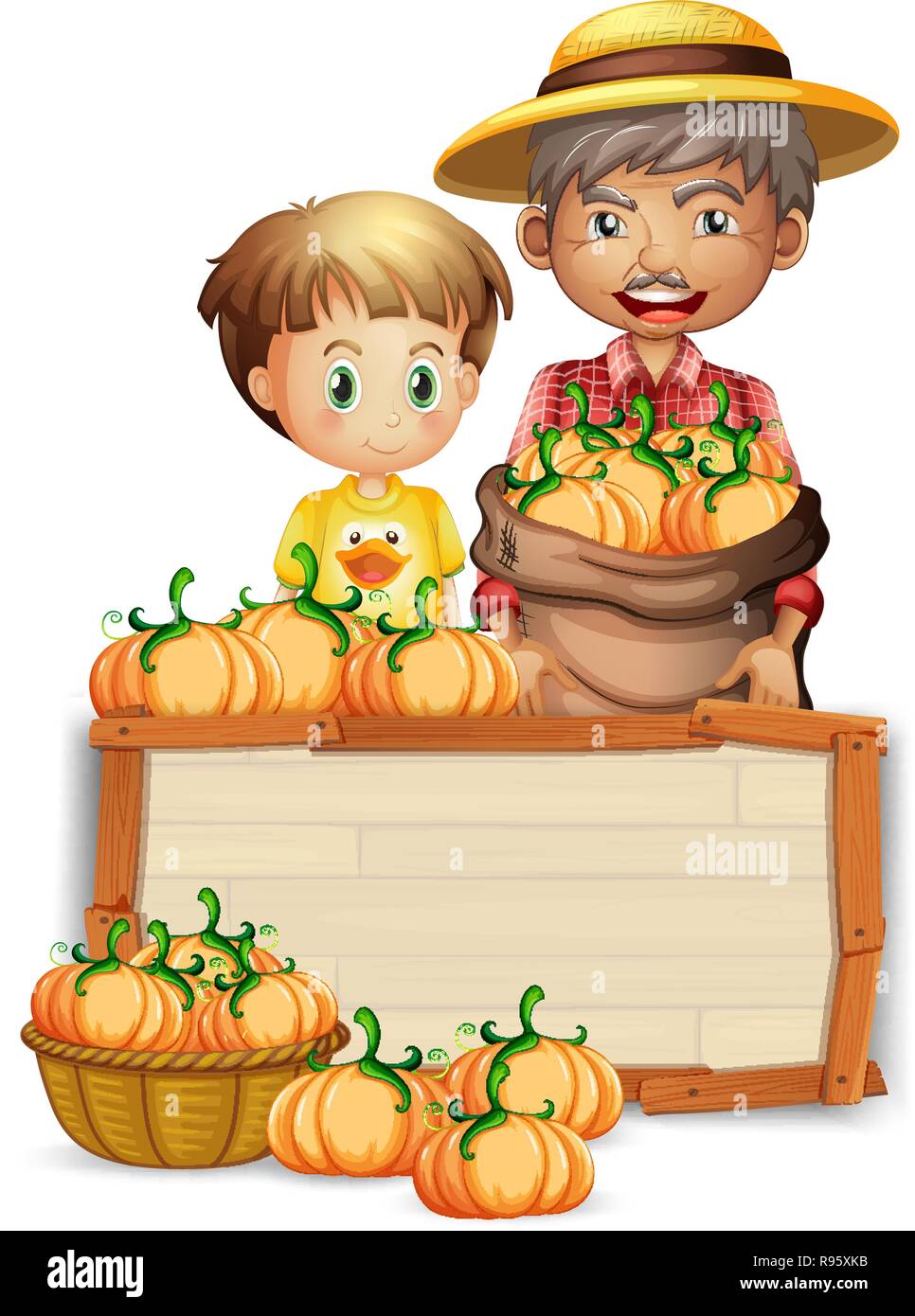 Farmer with pumpkin wooden banner illustration Stock Vector Image & Art ...