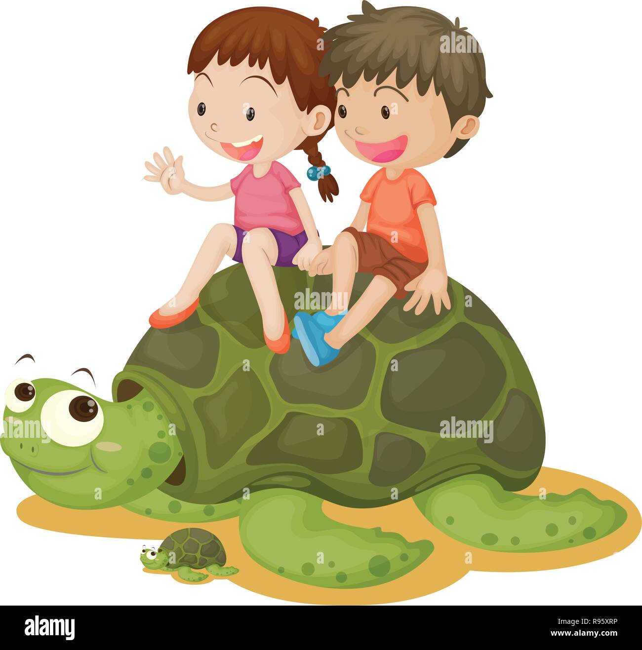 Happy children riding turtle illustration Stock Vector Image & Art - Alamy