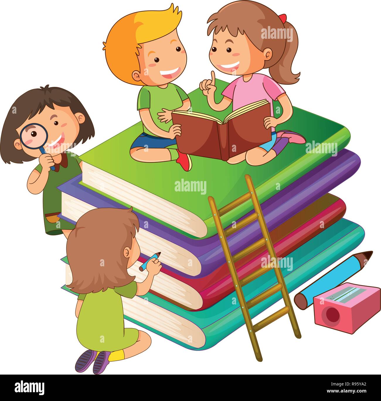 Kids on the books illustration Stock Vector Image & Art - Alamy