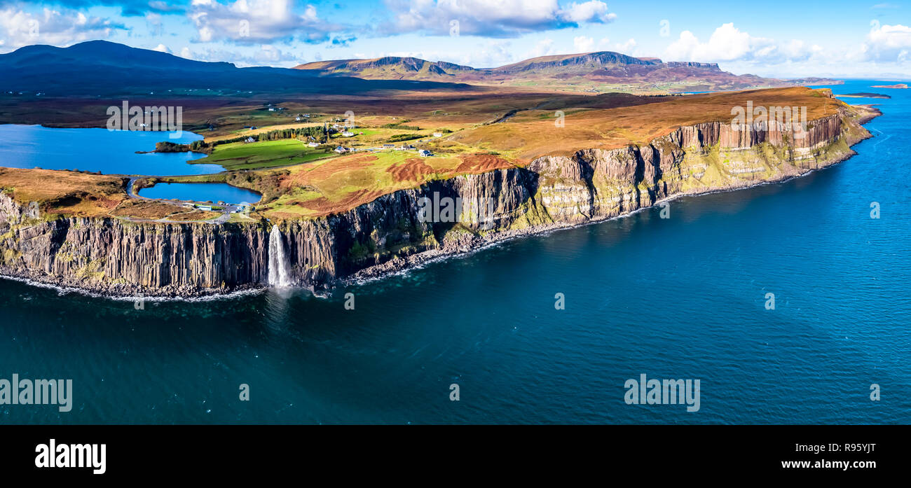 Aerial view of the dramatic coastline at the cliffs by Staffin with the ...