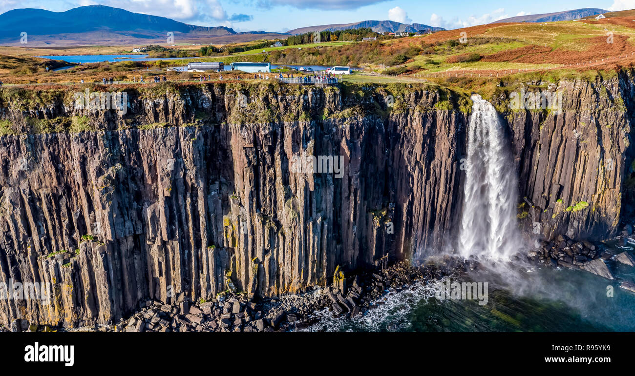 Aerial view of the dramatic coastline at the cliffs by Staffin with the ...