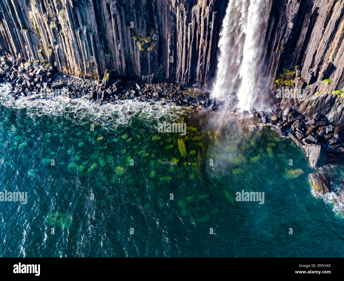 Aerial view of the dramatic coastline at the cliffs by Staffin with the ...