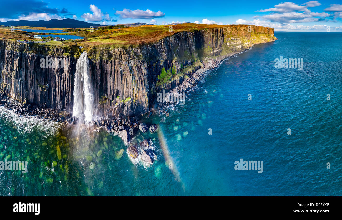 Aerial view of the dramatic coastline at the cliffs by Staffin with the ...