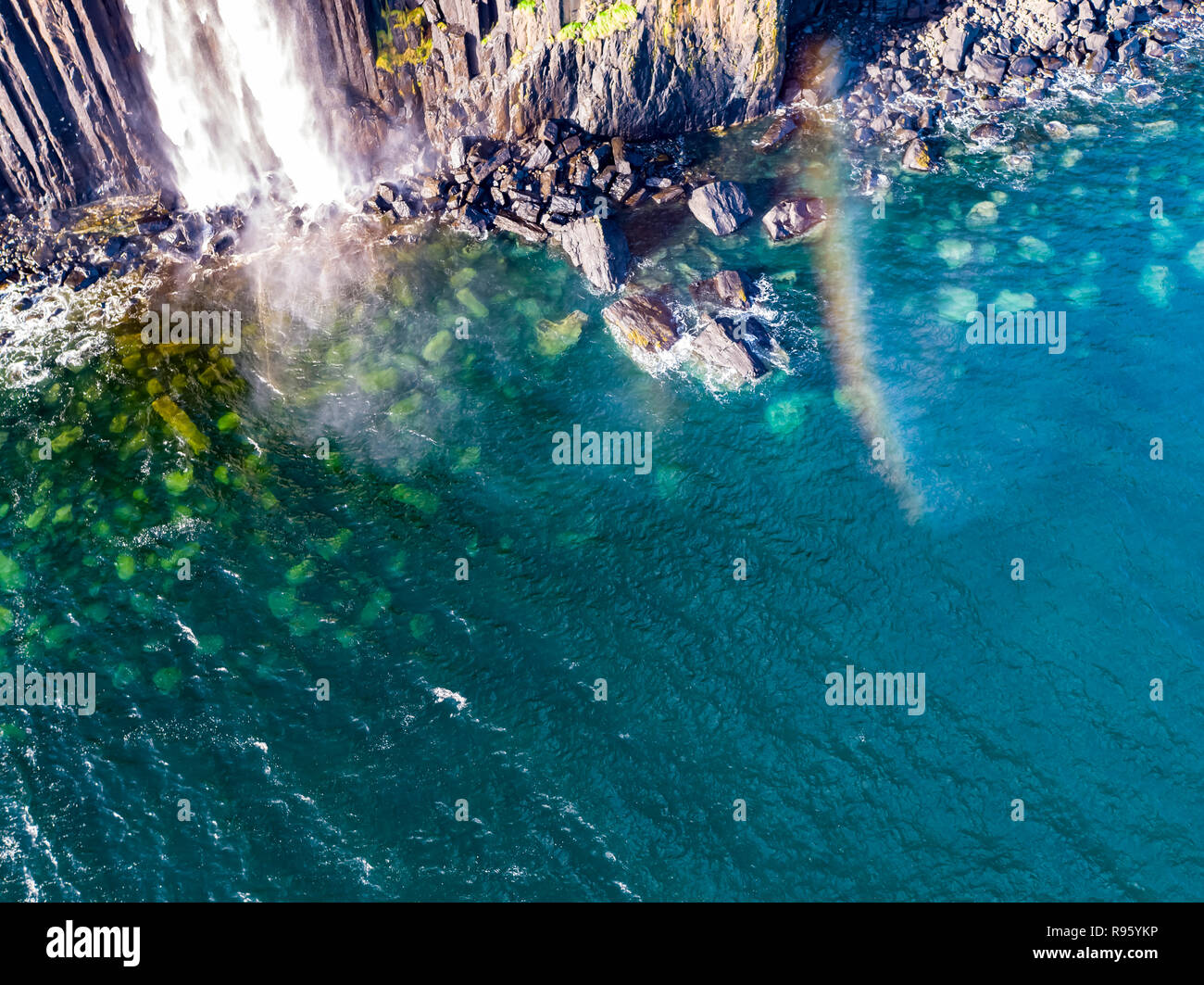 Aerial view of the dramatic coastline at the cliffs by Staffin with the ...