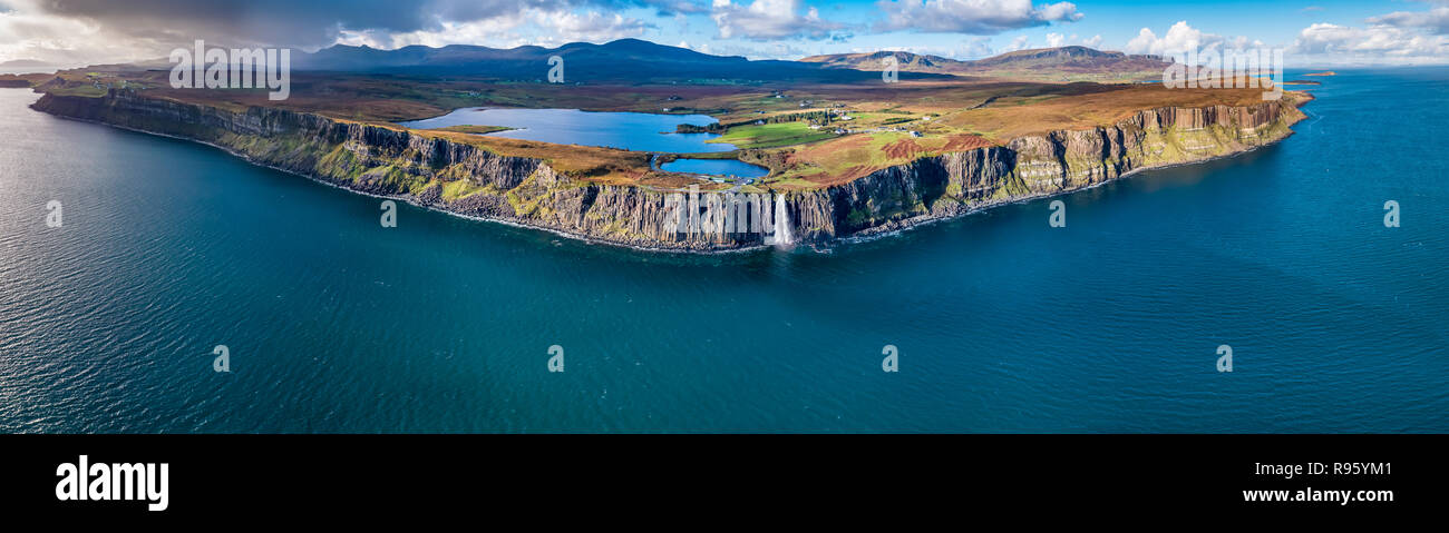 Aerial view of the dramatic coastline at the cliffs by Staffin with the ...