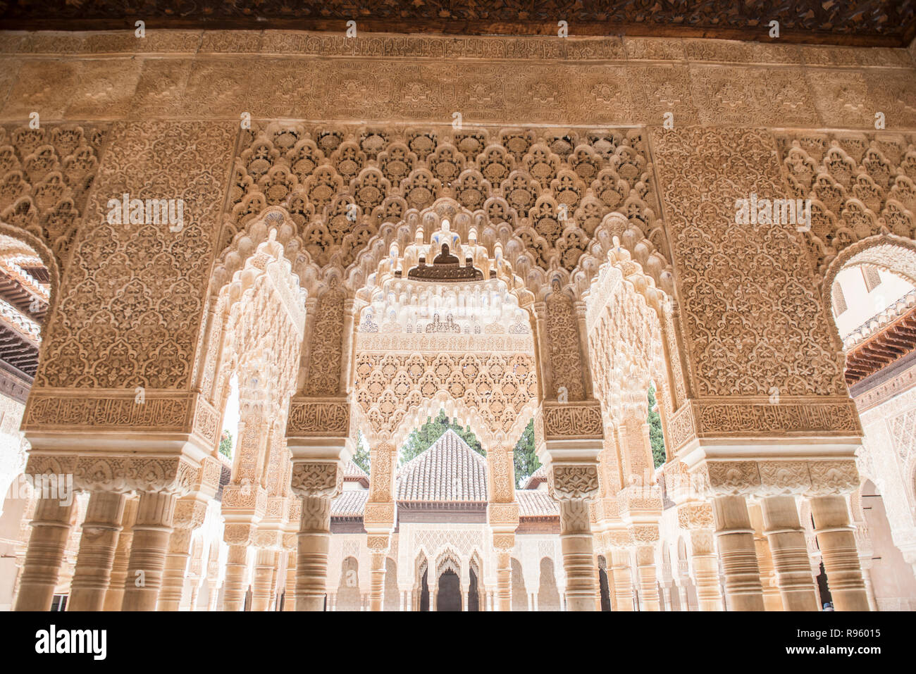 Closeup of a beautiful medieval time architecture seen inside Alcazar ...