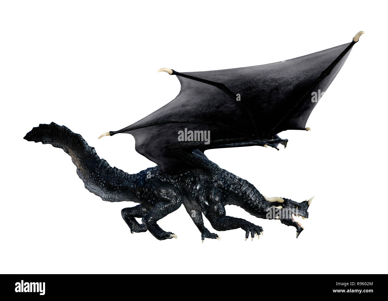 3D rendering of a black fantasy dragon isolated on white background ...