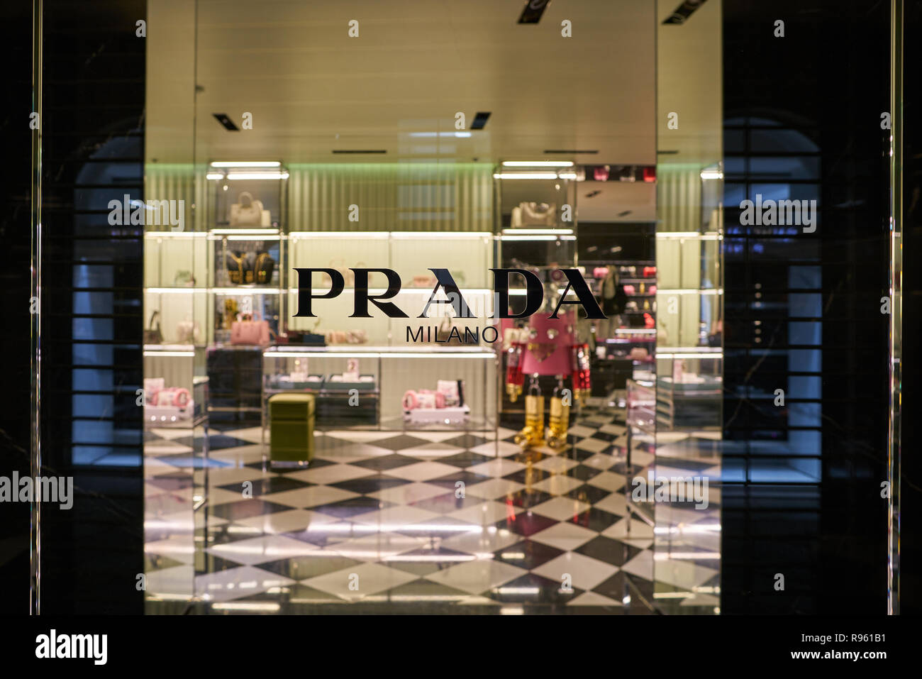 MILAN, ITALY - CIRCA NOVEMBER, 2017: display window at Prada store in ...