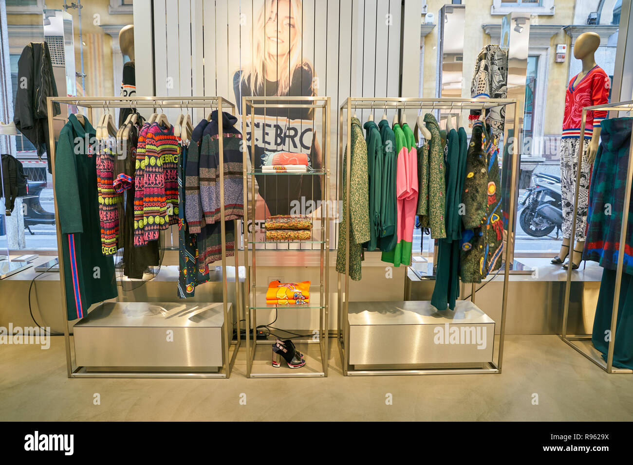 MILAN, ITALY - CIRCA NOVEMBER, 2017: clothing on display at retail ...