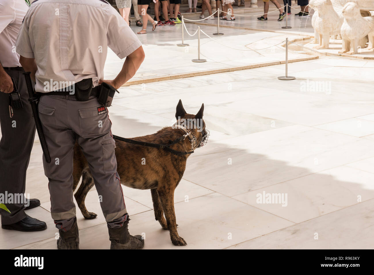 Two policemen standing inside Alhambra palace with a guard dog. On the ...