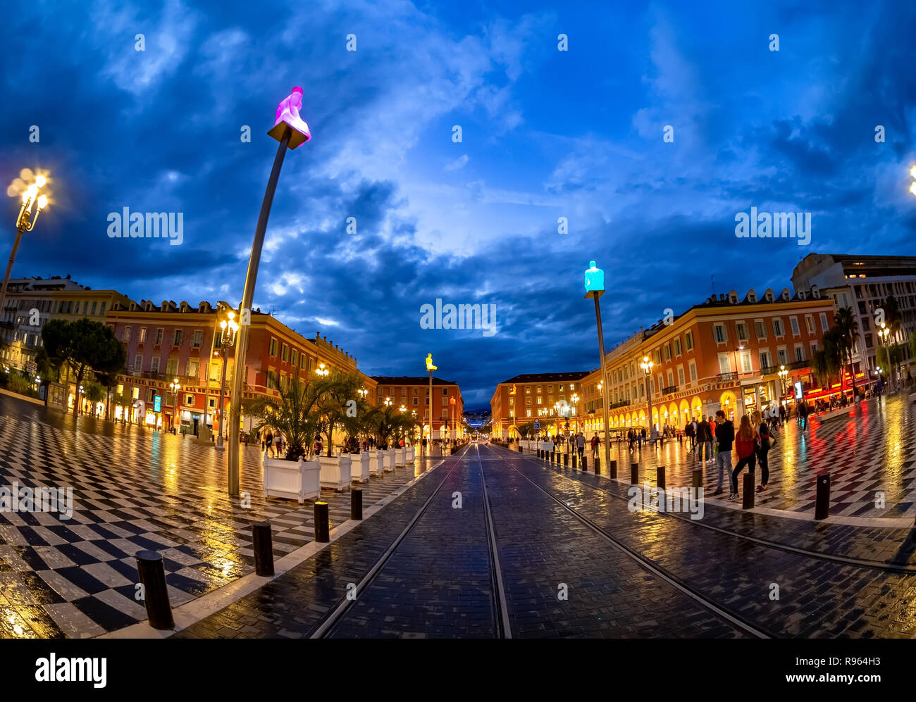 Nice, France - October 10, 2018: Place Massena square, illuminated ...