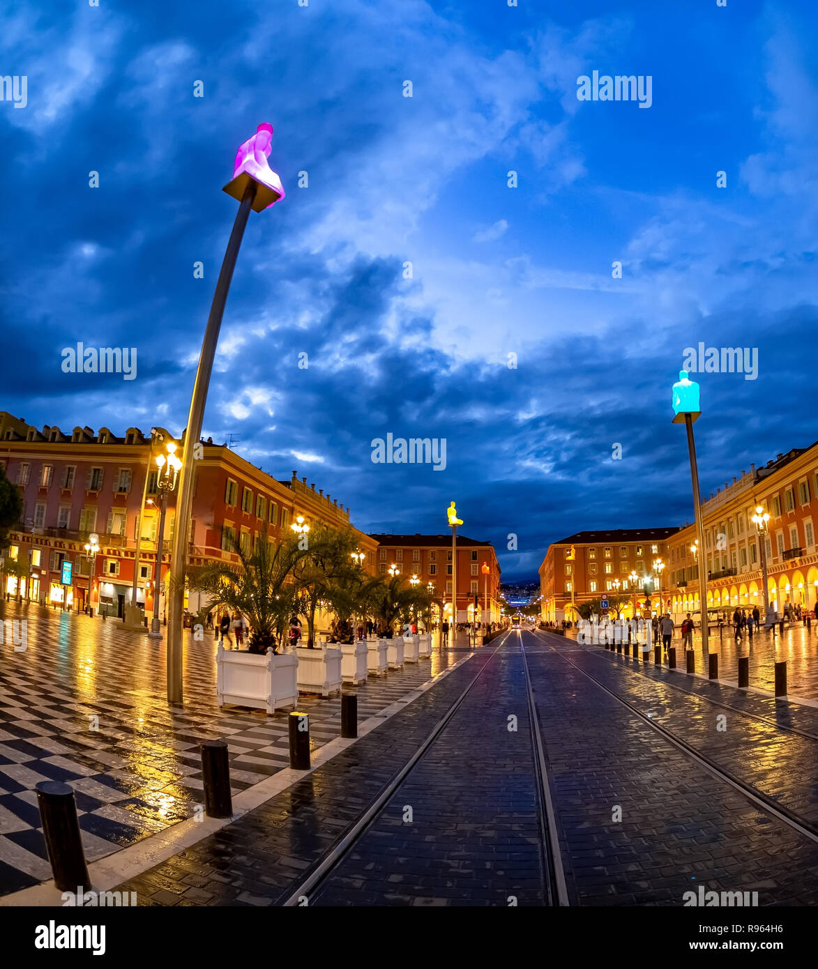 Nice, France - October 10, 2018: Place Massena square, illuminated ...