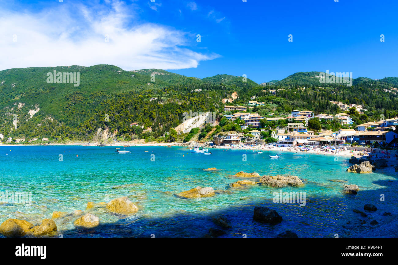 Panoramic view of the coastline and Petra beach in Lefkada island, with ...