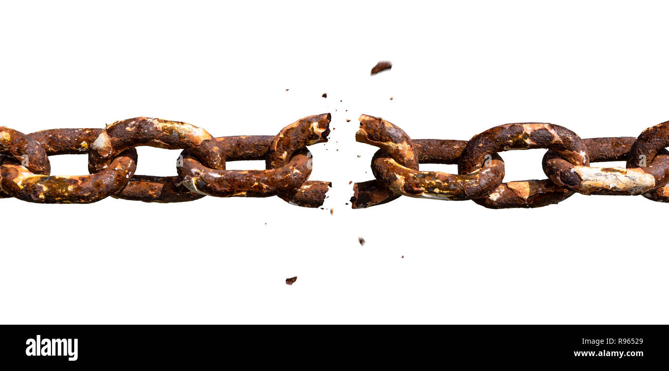 Weakest link. Old rusty chain with central link breaking. Photomontage ...