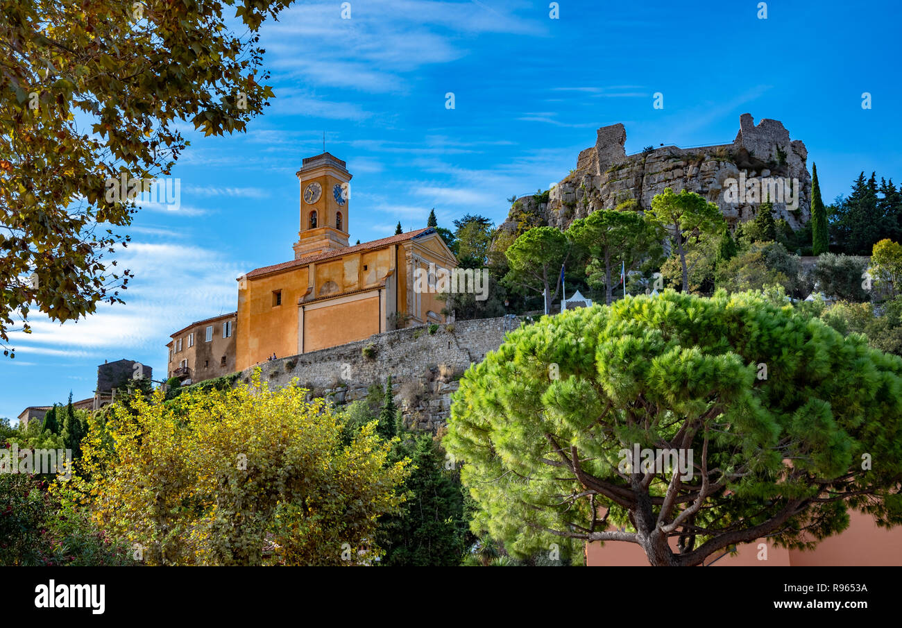 Eze village, traditional castle and church on the hill of French ...