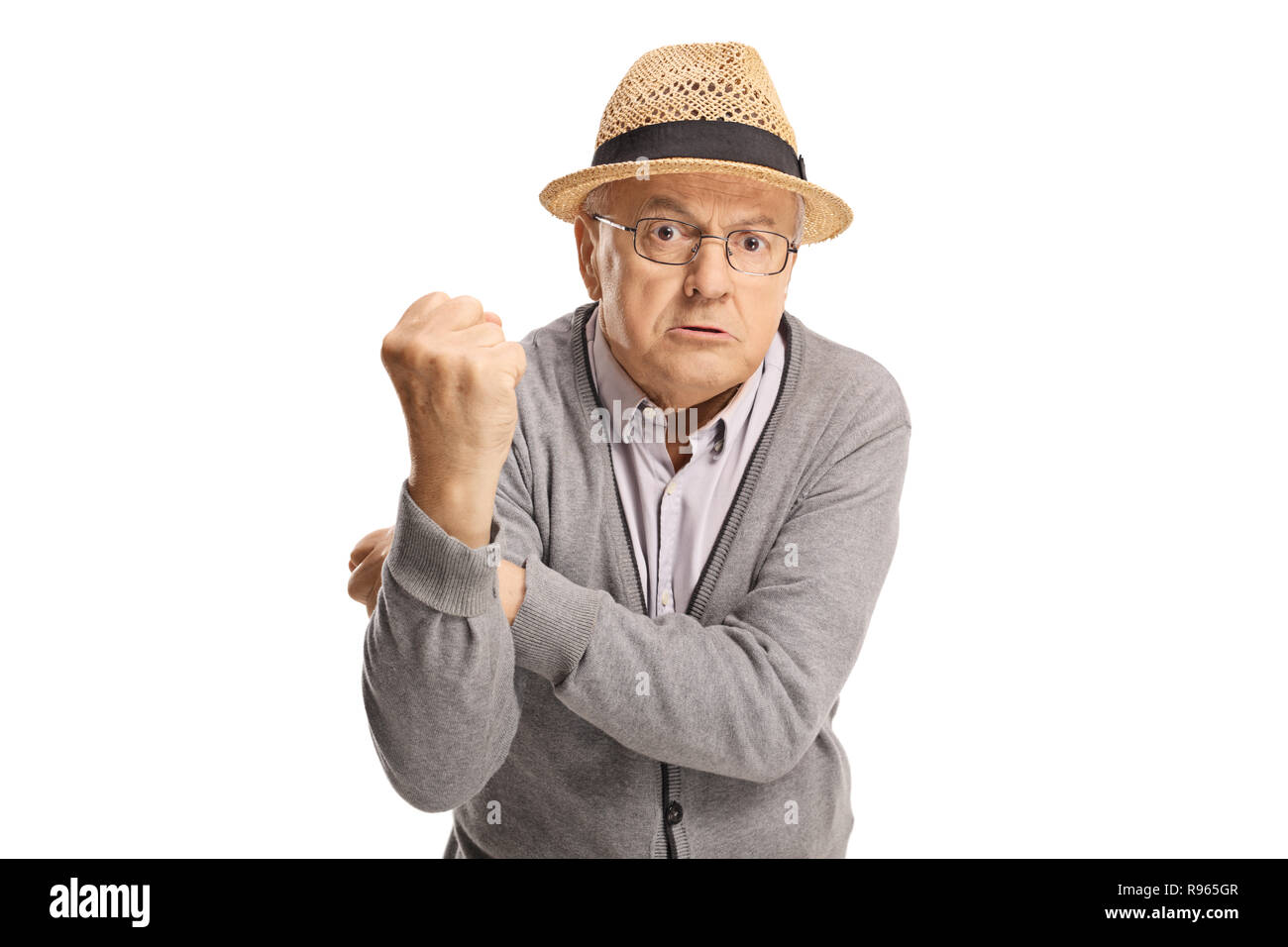 Angry senior man gesturing with hands isolated on white background ...