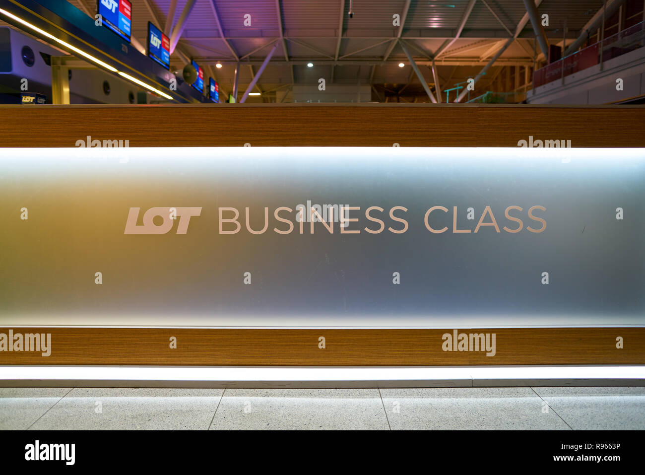 WARSAW, POLAND - CIRCA NOVEMBER, 2017: LOT Business Class check-in area ...