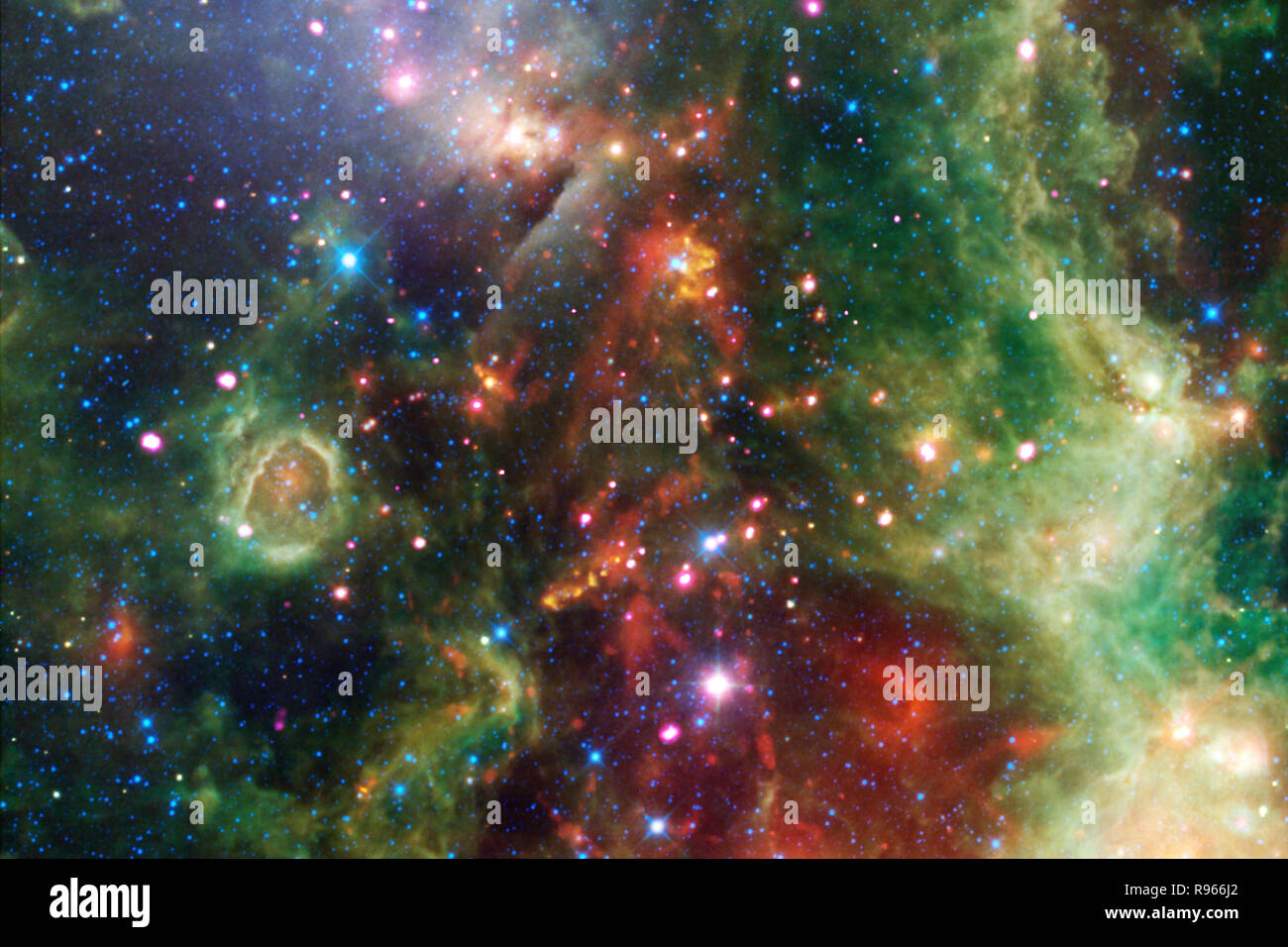 Universe scene with bright stars and galaxies in deep space showing the ...