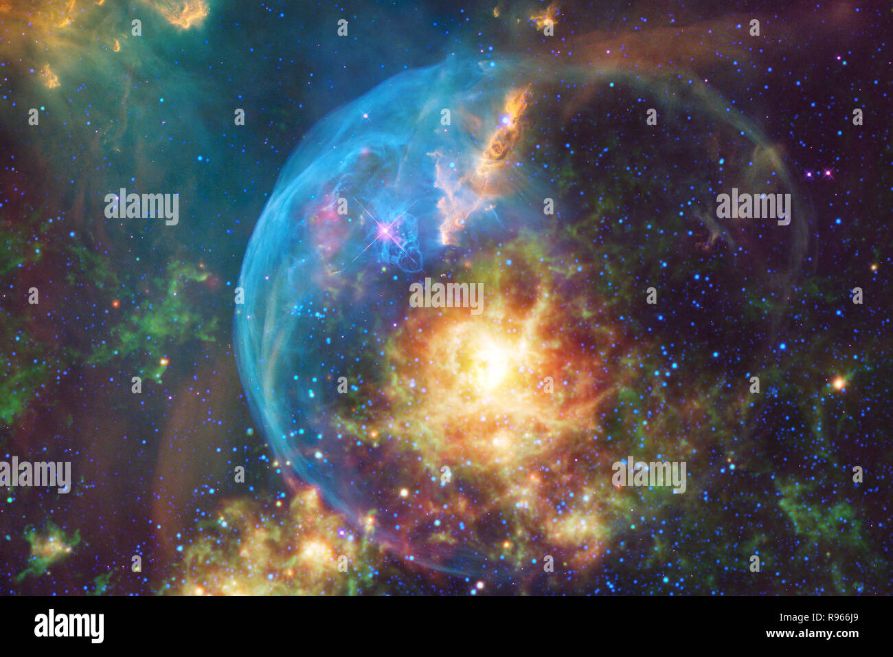 Universe scene with bright stars and galaxies in deep space showing the ...