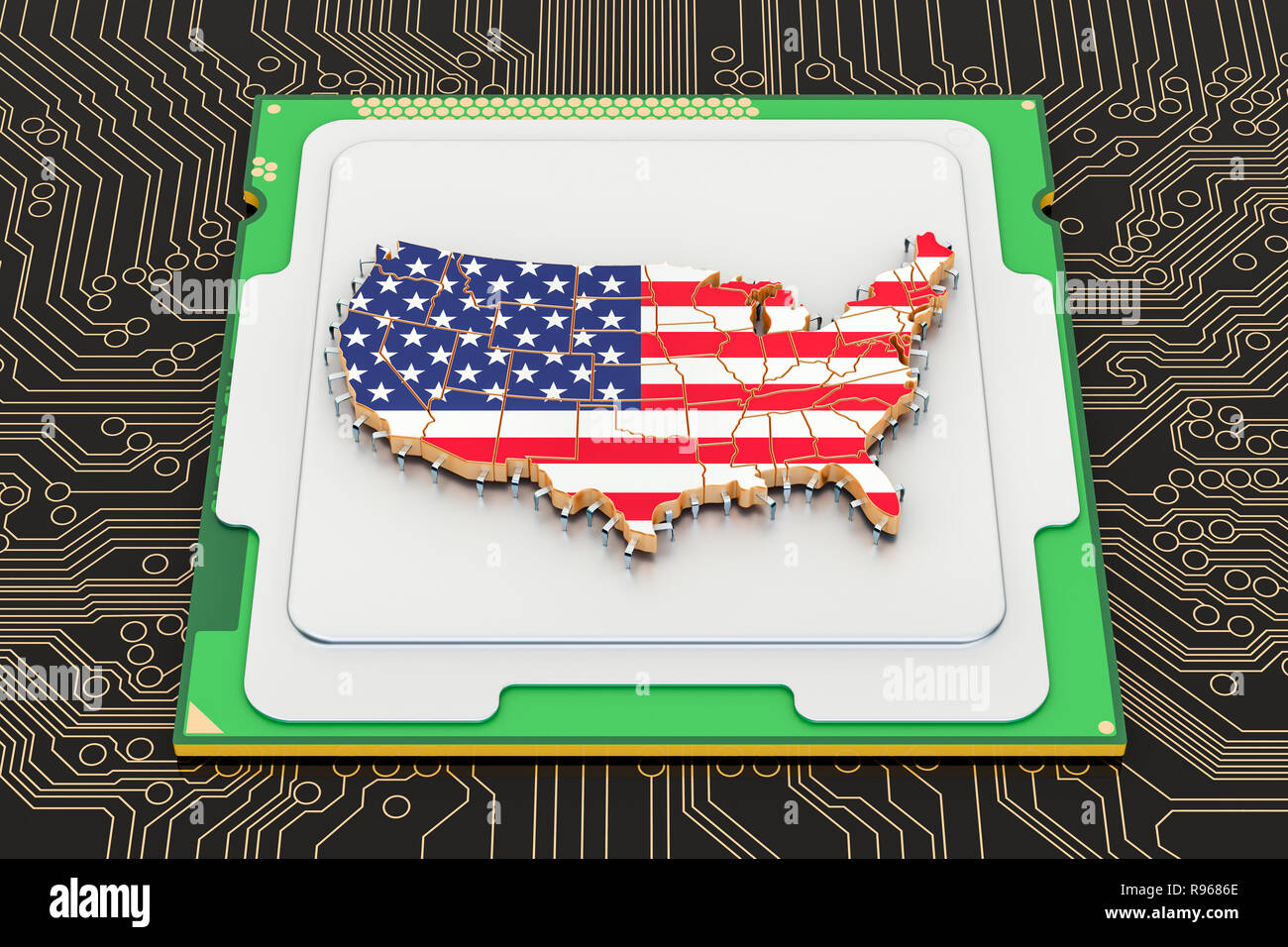CPU computer processor unit with flag of the United States, 3D ...