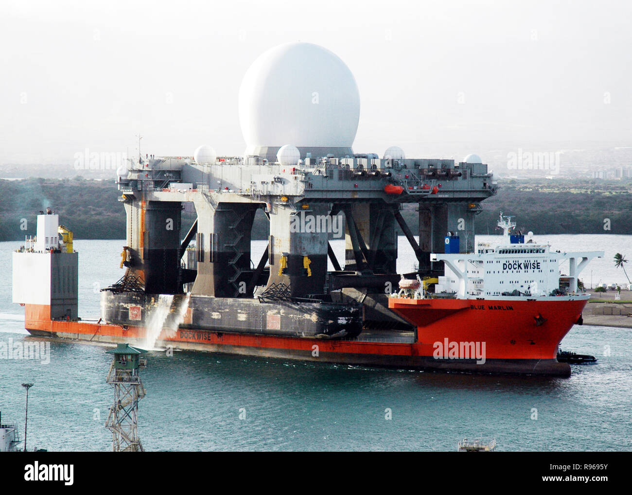 The heavy lift vessel MV Blue Marlin with its deck cargo of the Sea ...