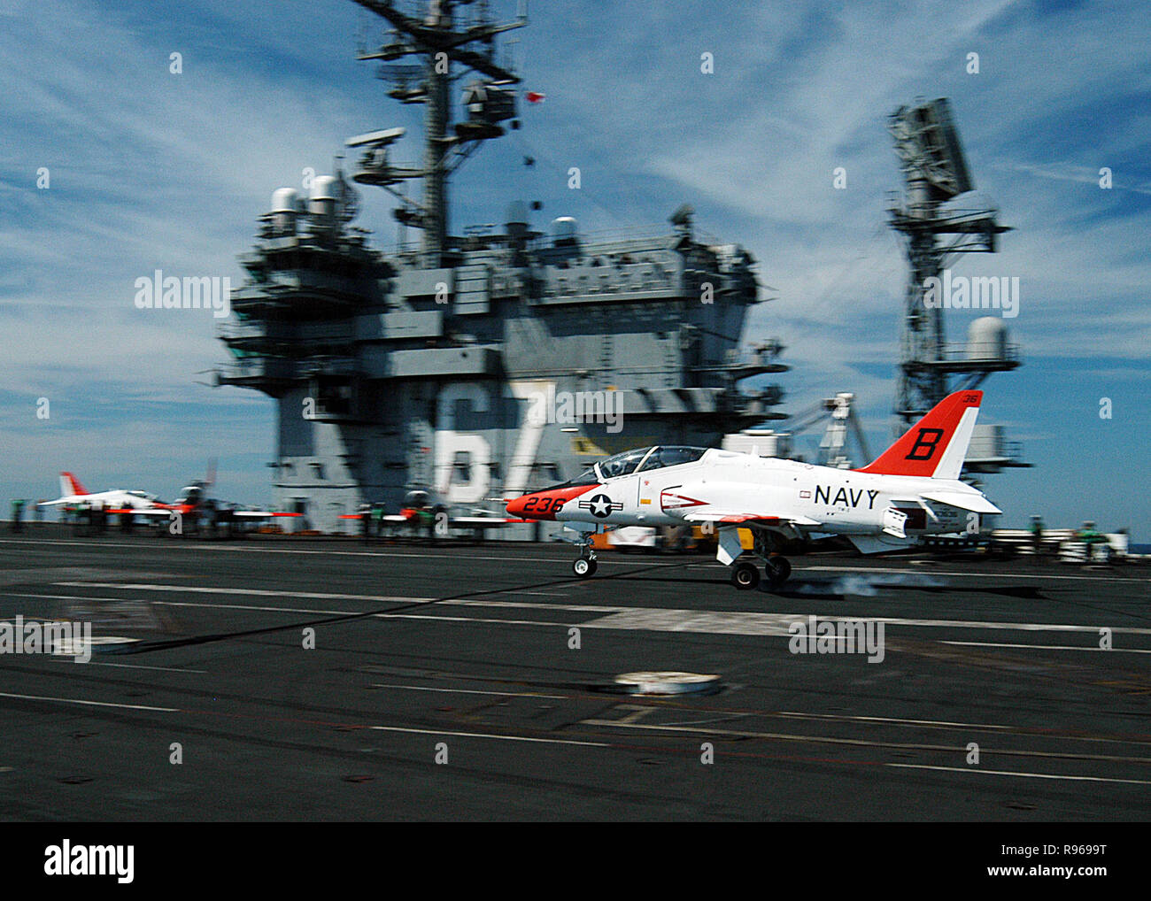 A pilot makes an arrested landing in a T-45A Goshawk, aboard the ...